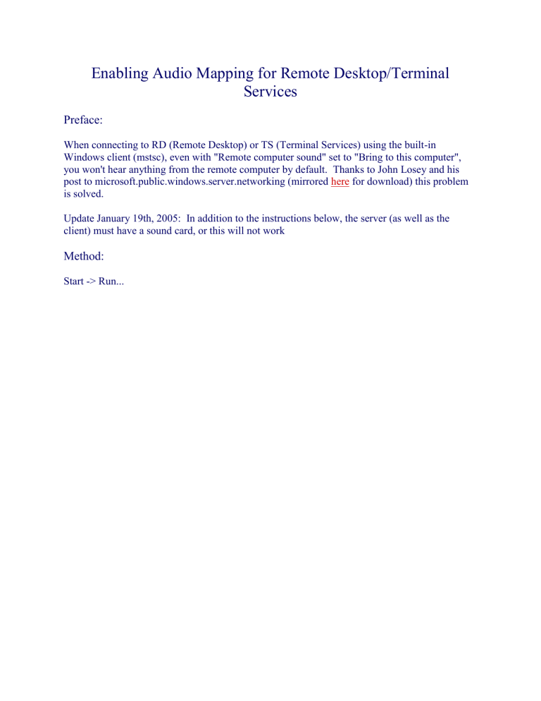 Enable Audio Mapping for Remote Desktop/Terminal Services