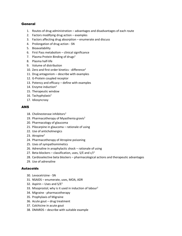 Pharmacology Study Guide: Key Concepts & Drug Classes