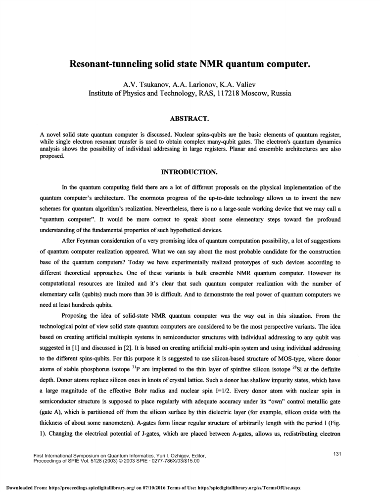 Resonant Tunneling Solid State NMR Quantum Computer