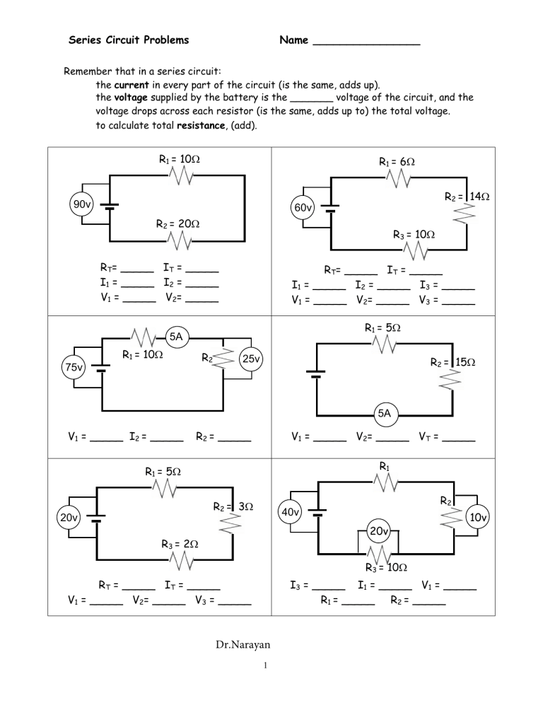 Series & Parallel Circuit Problems Worksheet