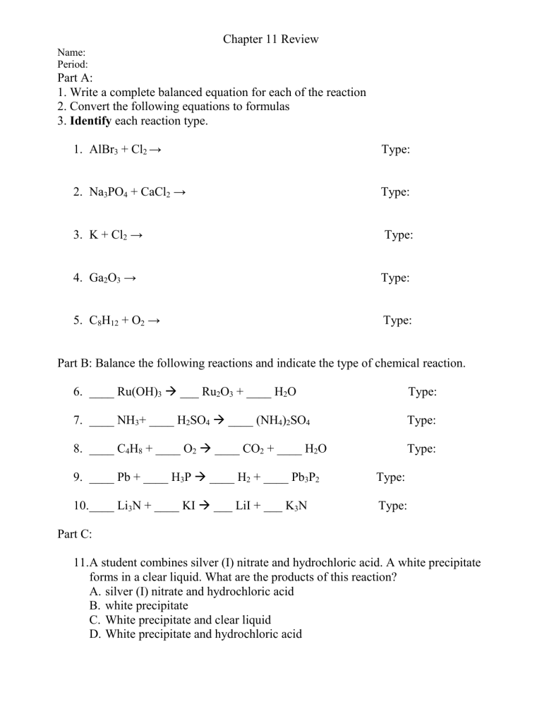 Chapter 11 Chemistry Review Worksheet