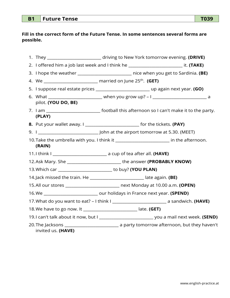 Future Tense Worksheet: English Grammar Practice