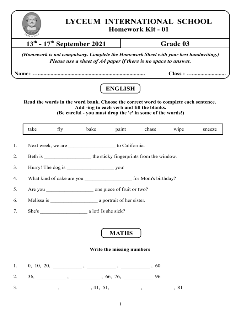 Grade 3 Homework: English, Math, Science, Social Studies