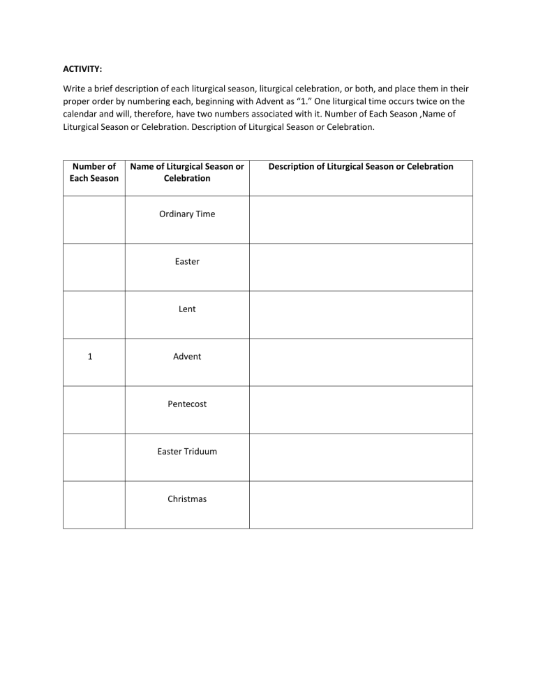 Liturgical Seasons Activity: Order & Descriptions