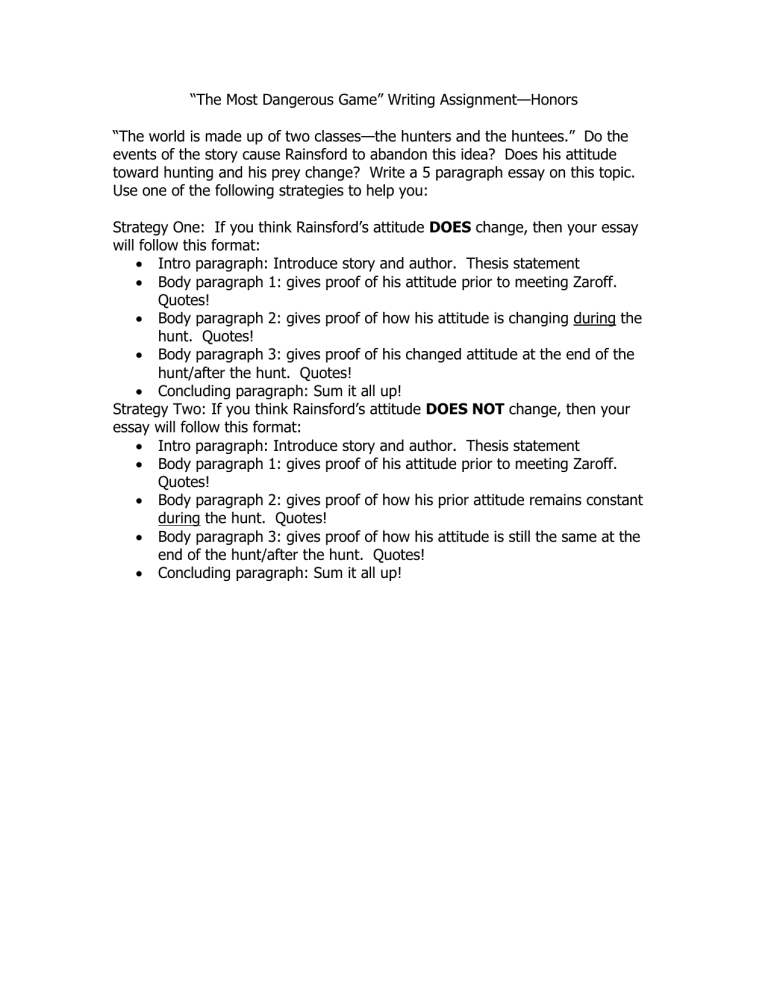 "The Most Dangerous Game" Essay Assignment
