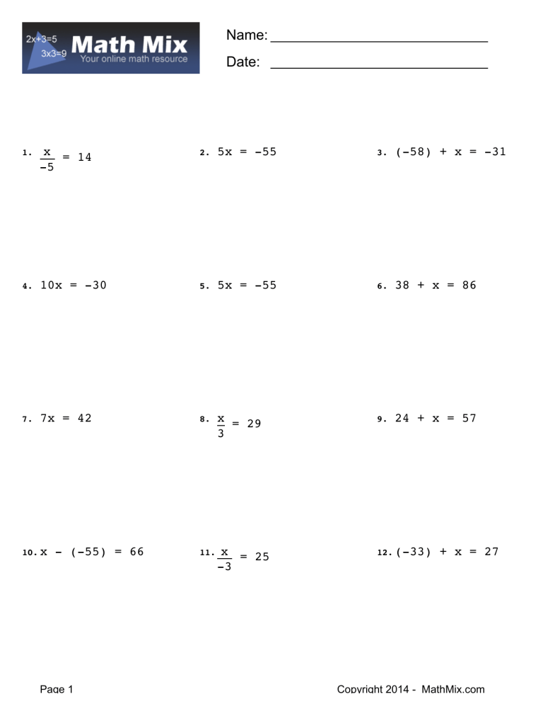 Math Worksheet: Solving for X