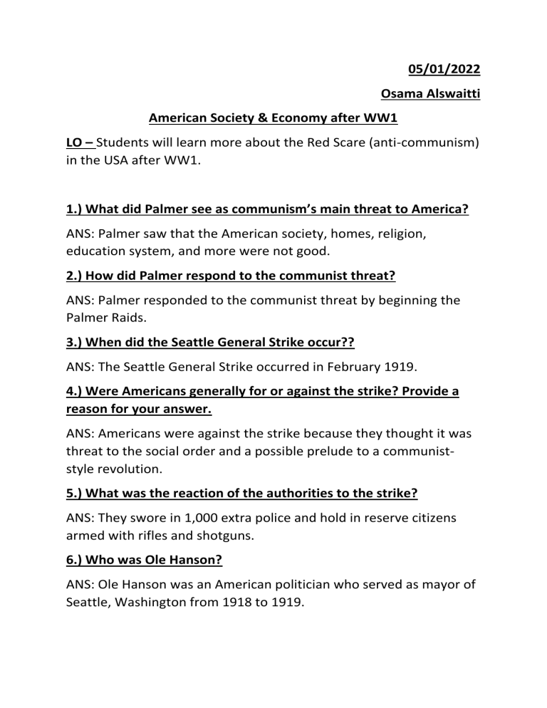 Red Scare After WW1 Worksheet: Palmer, Seattle Strike, Schenk Case