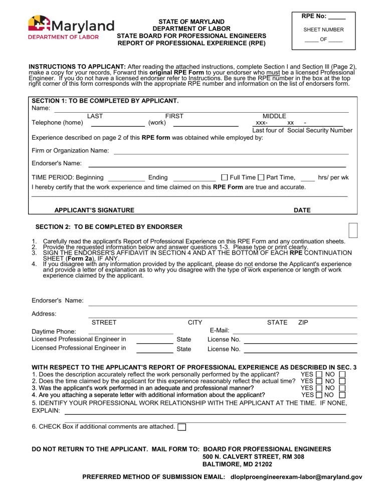 Maryland Professional Engineer Experience Report Form