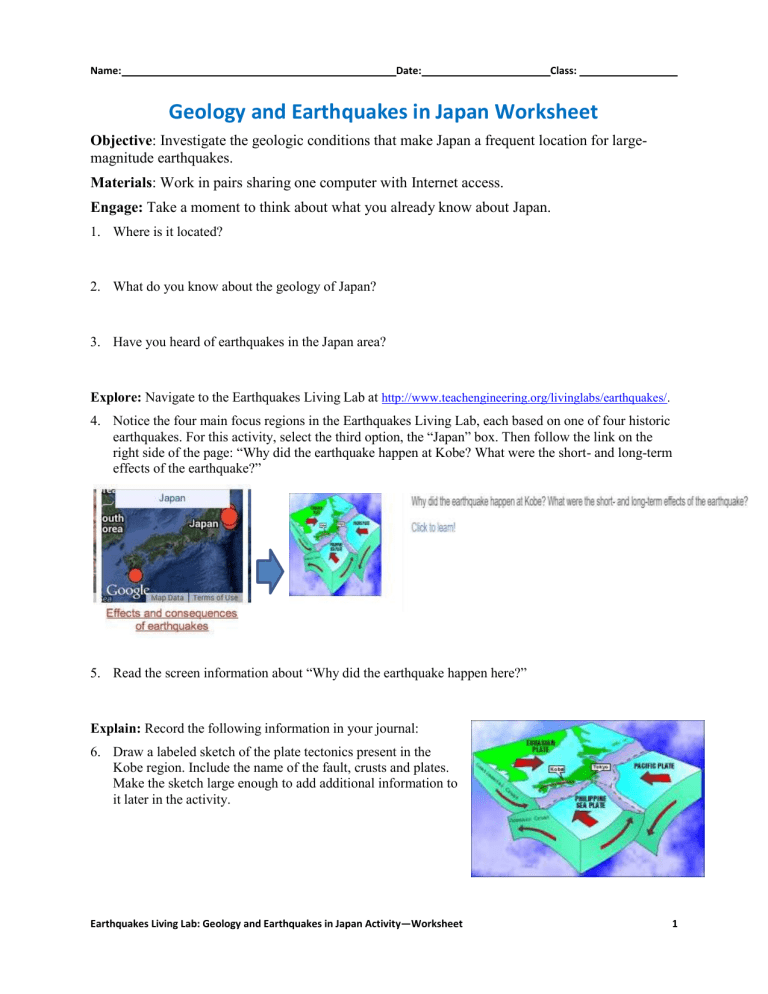 Japan Earthquakes: Geology Worksheet for Students