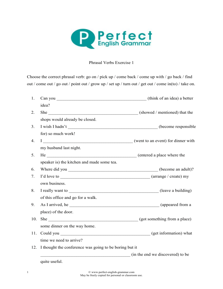 Phrasal Verbs Exercise 1 Worksheet