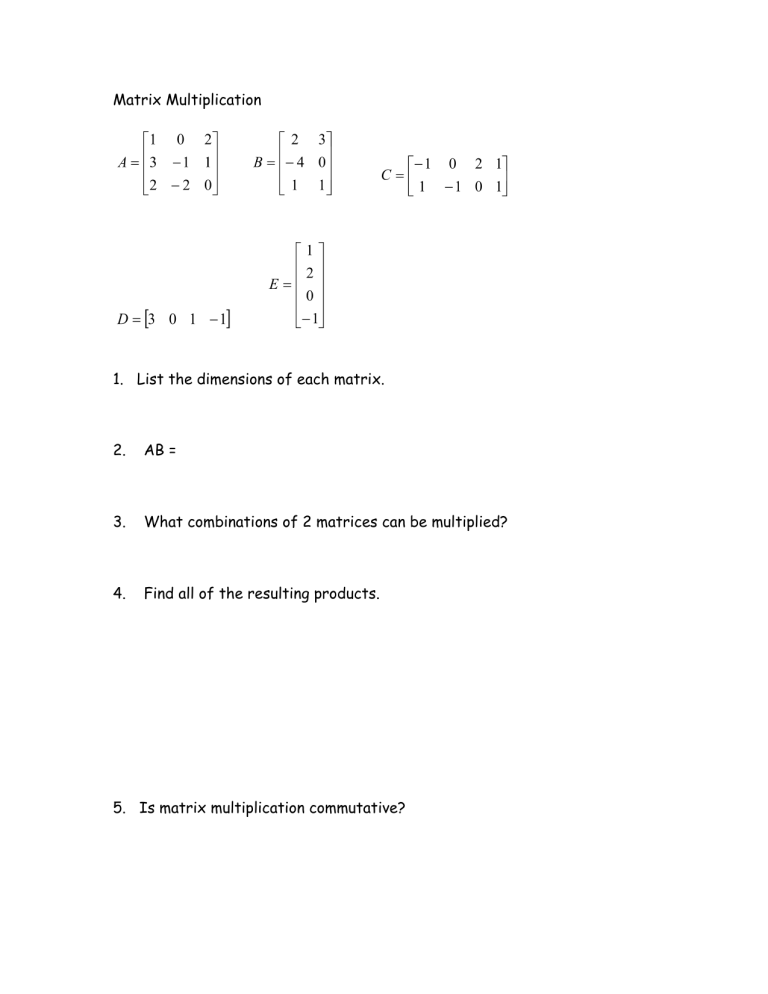 Matrix Multiplication Worksheet