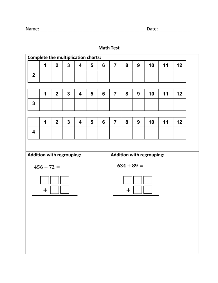 Elementary Math Test: Multiplication, Addition, Subtraction