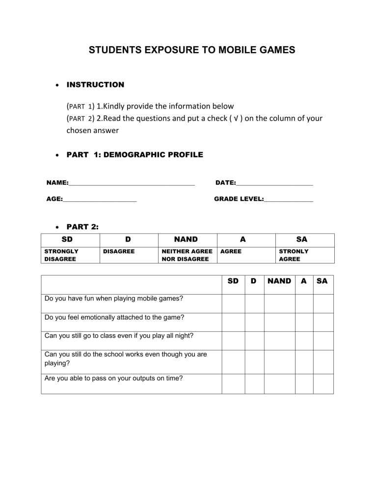 Mobile Game Exposure Questionnaire