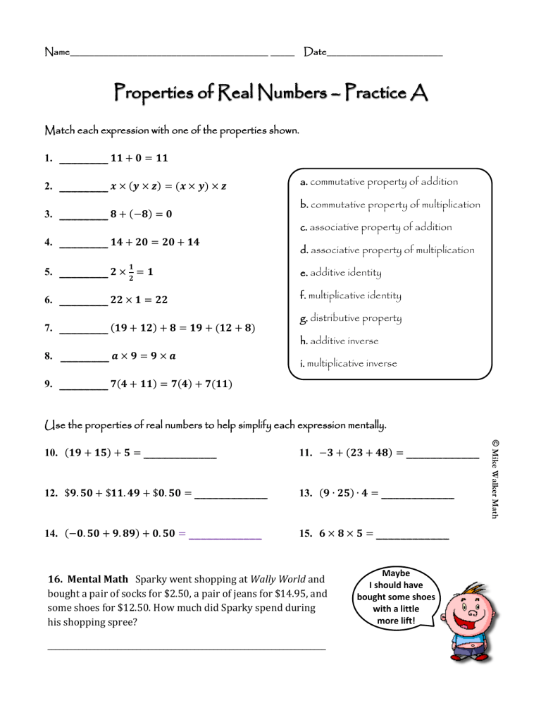 Properties of Real Numbers Worksheet