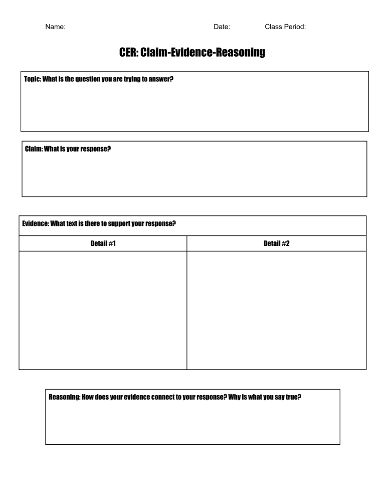 CER Worksheet: Claim, Evidence, Reasoning Template