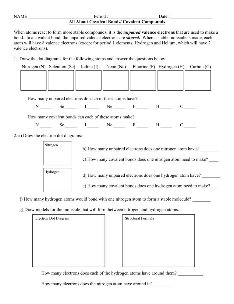 Covalent Bonds Worksheet: Dot Diagrams & Formulas