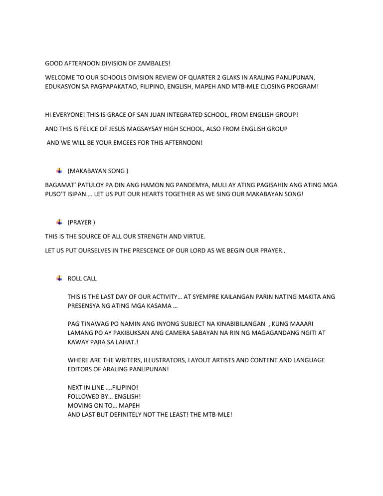 Schools Division Review Closing Program Script