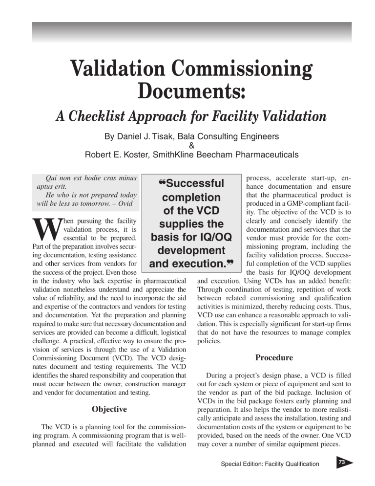 Validation Commissioning Documents: A Checklist Approach