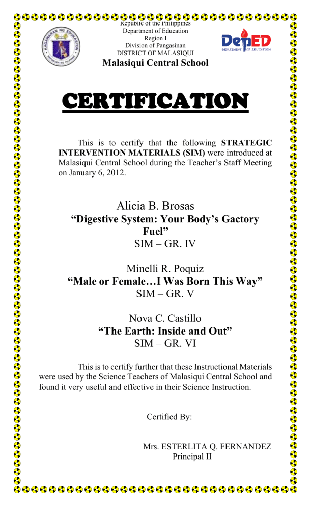 Science SIM Certification: Malasiqui Central School