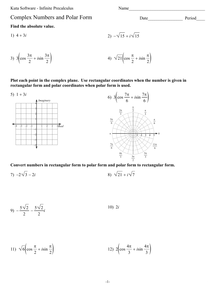 Complex Numbers & Polar Form Worksheet