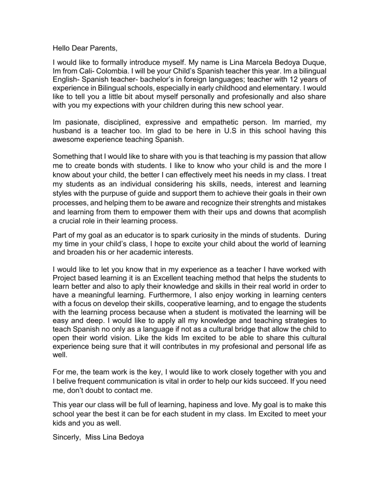 Spanish Teacher Introduction Letter to Parents