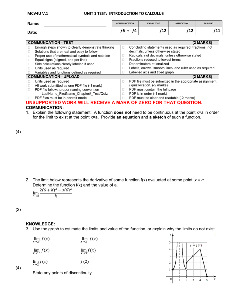 Calculus Test: Limits, Continuity, Derivatives