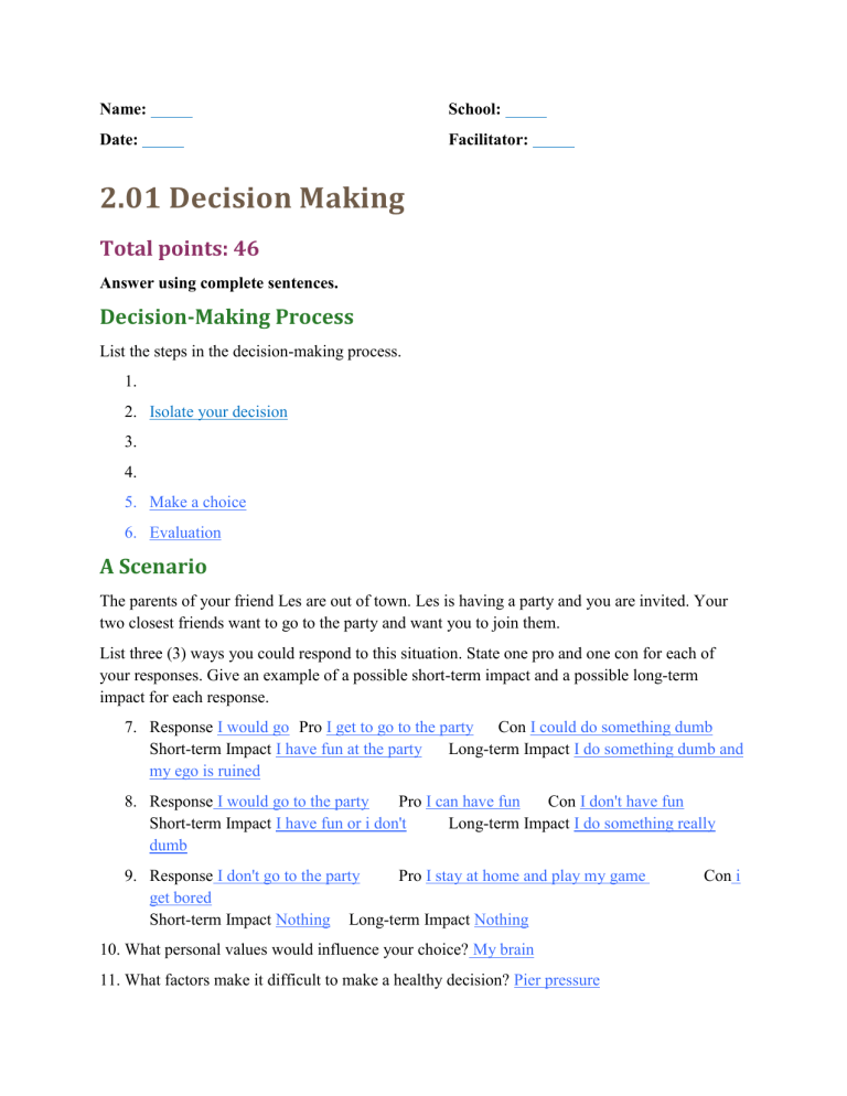 Decision Making Worksheet: Pros, Cons, and Impacts