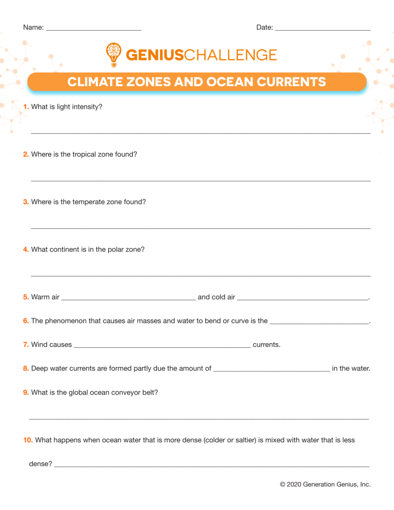 Climate Zones & Ocean Currents Worksheet