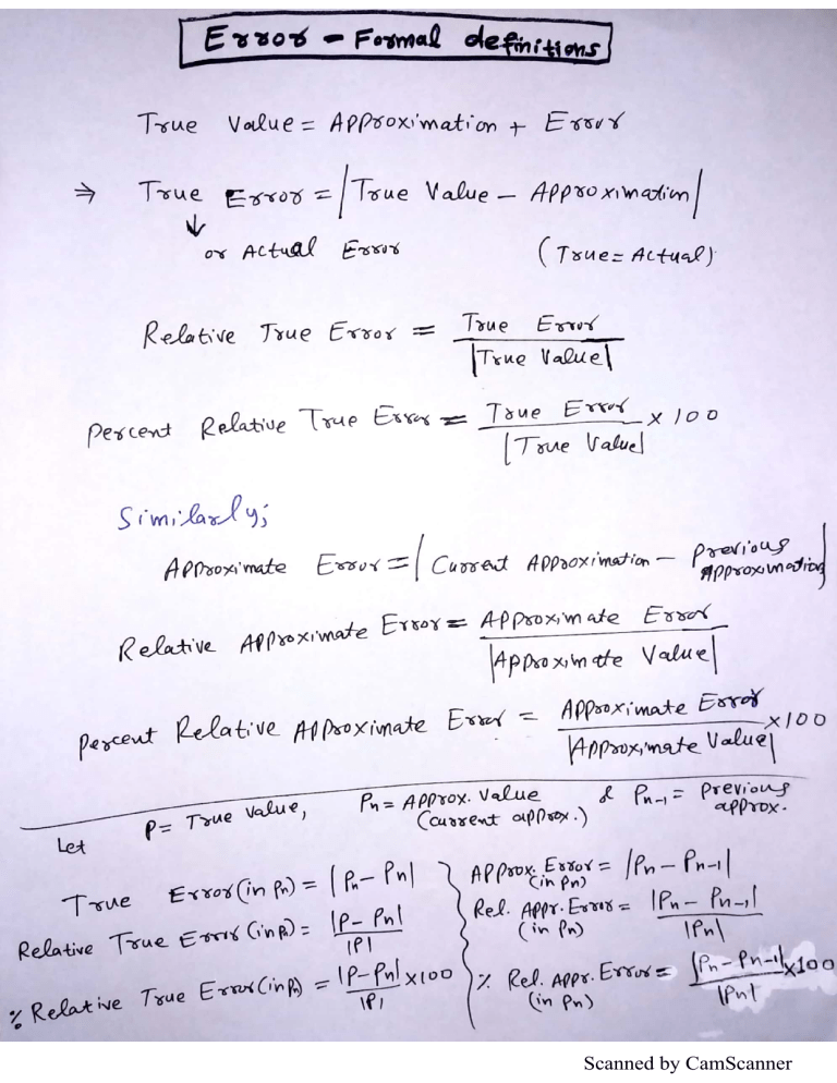 Error Definitions: True, Relative, Approximate Error