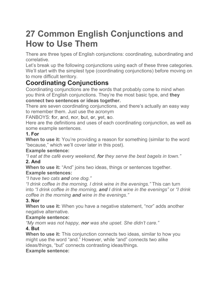 English Conjunctions: Coordinating, Subordinating, Correlative