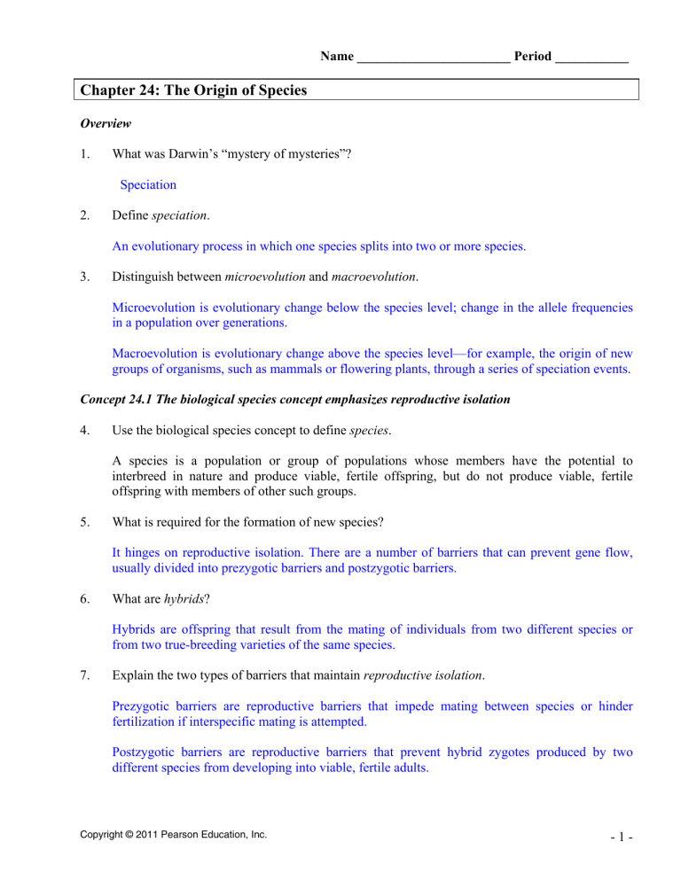 Origin of Species Worksheet: Speciation & Isolation