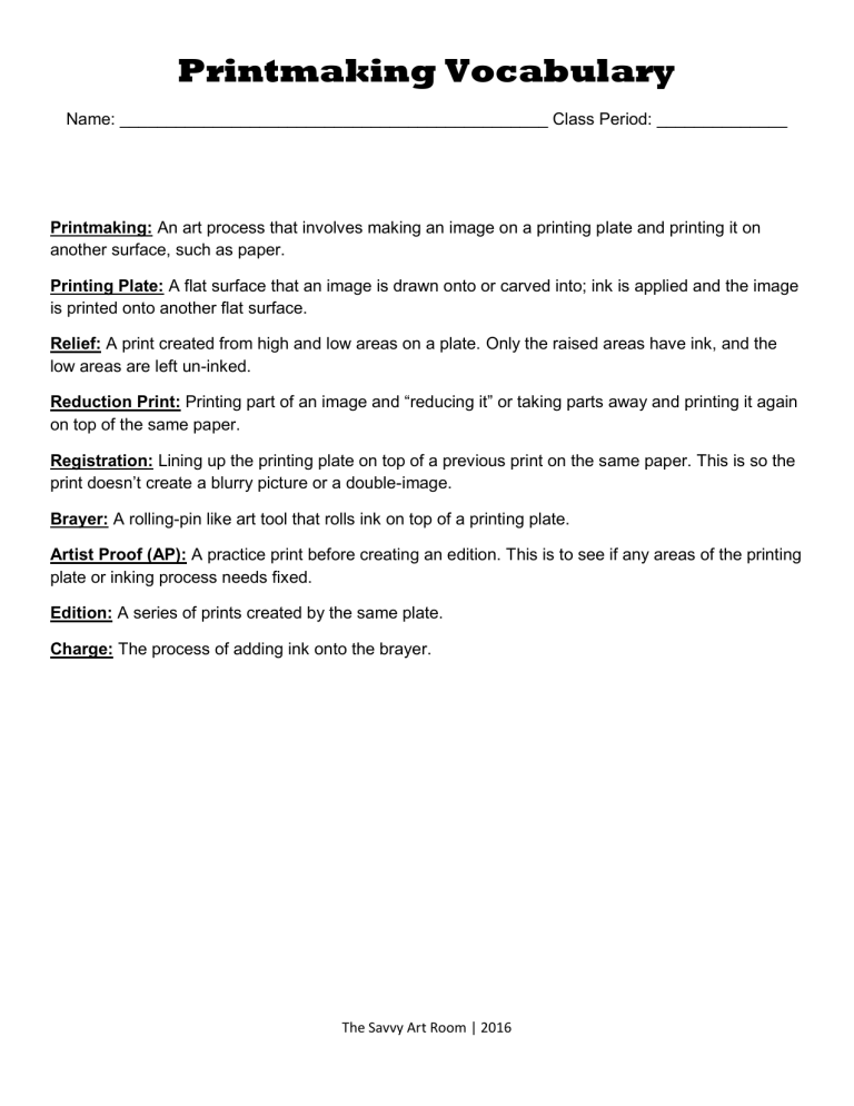 Printmaking Vocabulary Worksheet