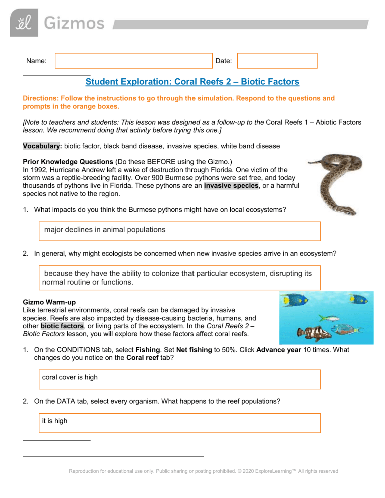 Coral Reefs: Biotic Factors Student Exploration