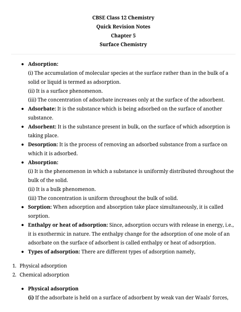 Surface Chemistry: CBSE Class 12 Revision Notes