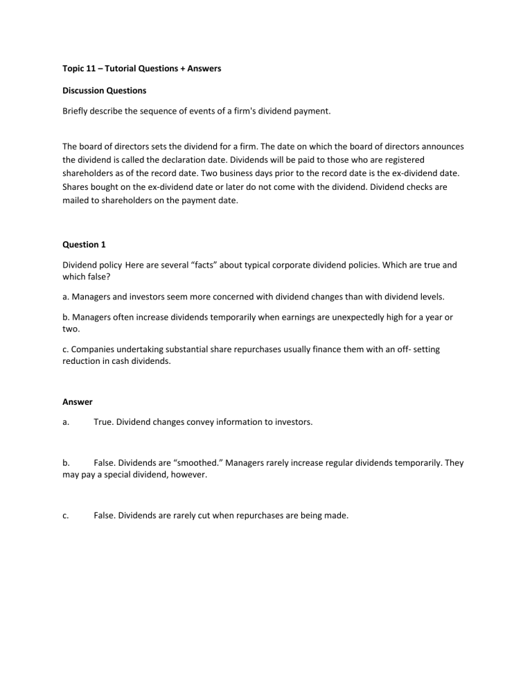 Dividend Policy: Tutorial Questions & Answers