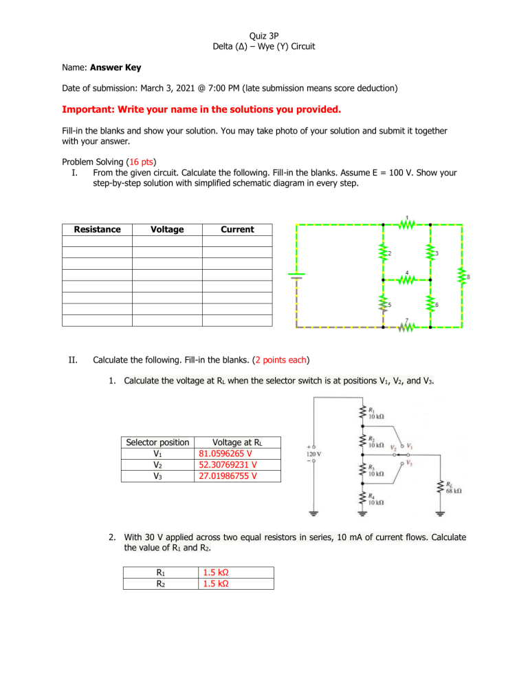 Delta-Wye Circuit Quiz: Resistance, Voltage, Current Calculations