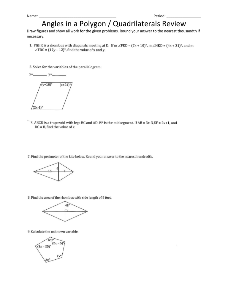 Angles in Polygons & Quadrilaterals Review Worksheet