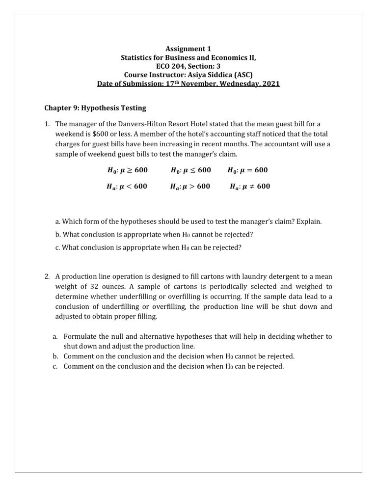 Statistics Assignment: Hypothesis Testing & Inference