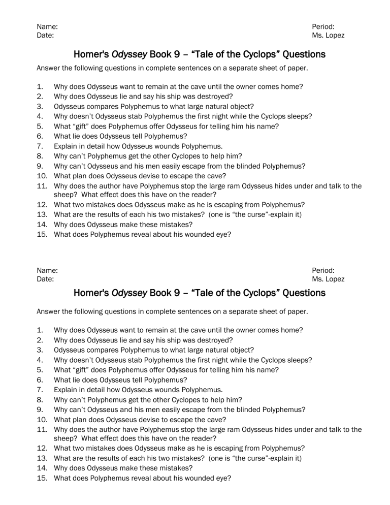Odyssey Book 9: Cyclops Worksheet - Questions & Analysis