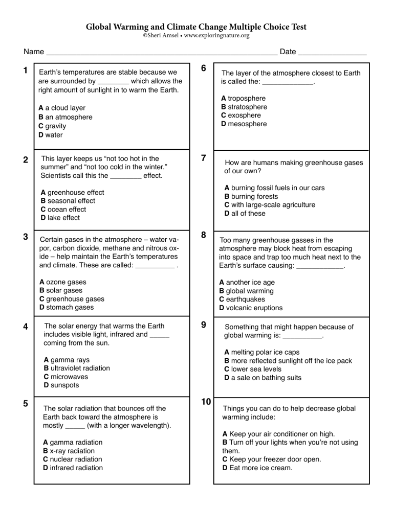 Global Warming & Climate Change Multiple Choice Test