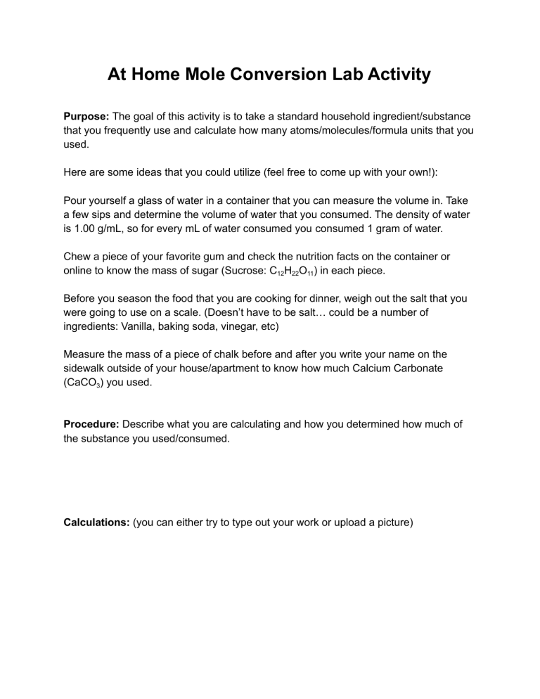 At Home Mole Conversion Lab Activity