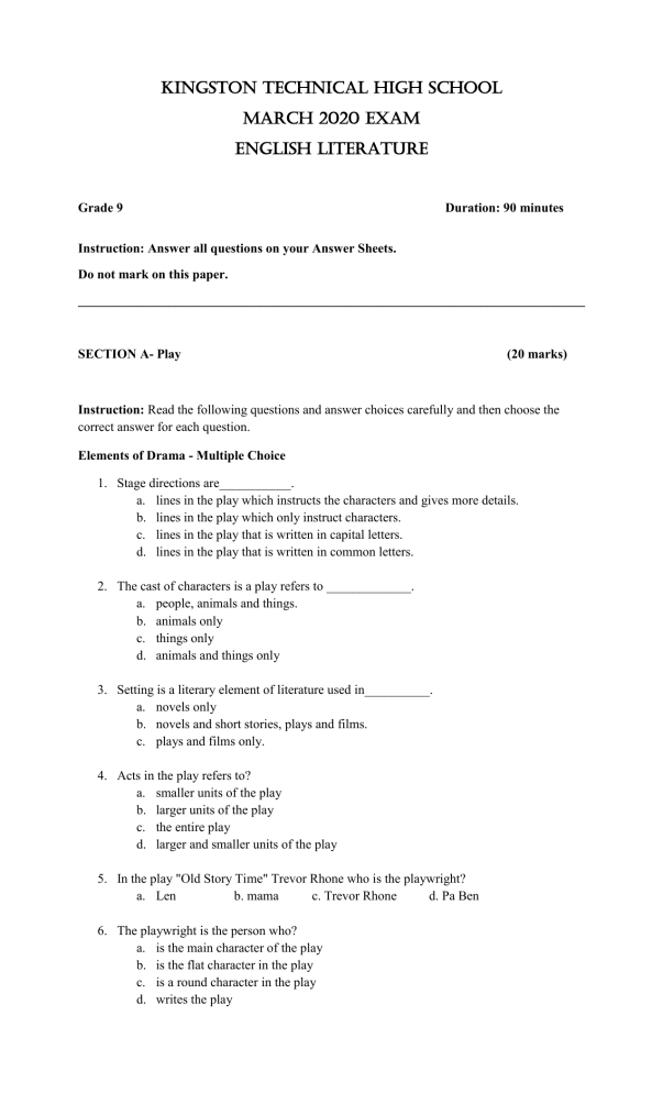 Grade 9 English Literature Exam: Drama & Theme Analysis