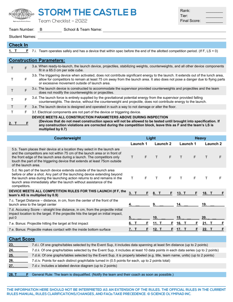 Storm the Castle B Checklist | Science Olympiad
