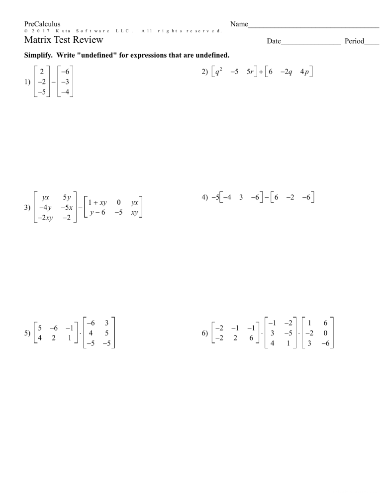 Matrix Test Review: Precalculus Worksheet