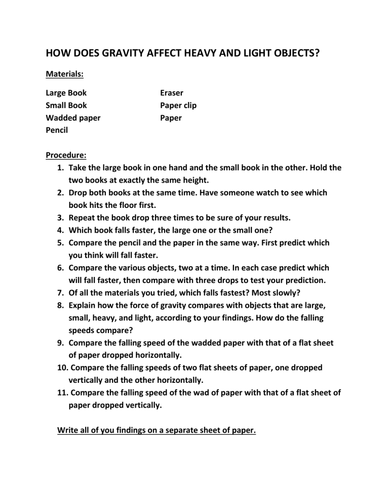 Gravity Experiment: Heavy vs. Light Objects