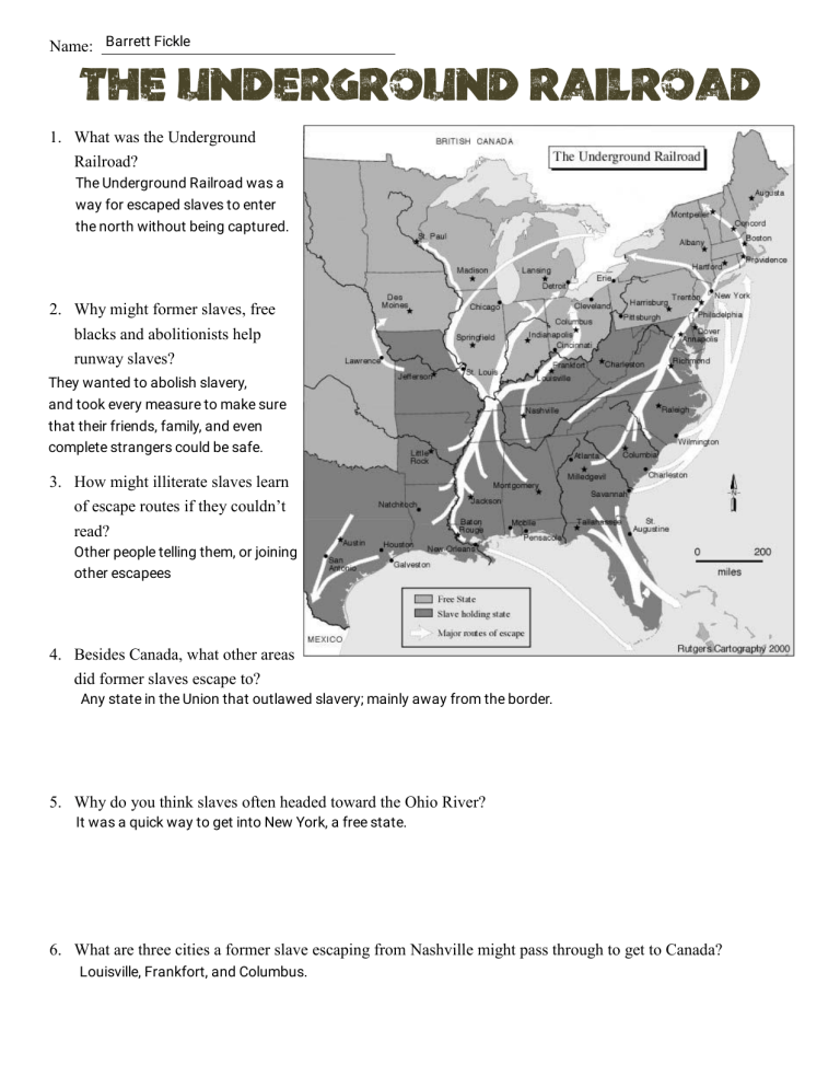 Underground Railroad Worksheet: History & Escape Routes