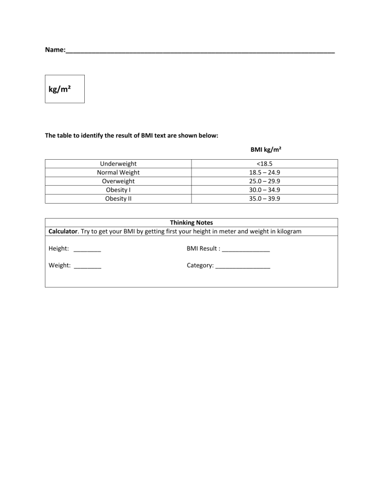 BMI Worksheet: Calculate Your Body Mass Index