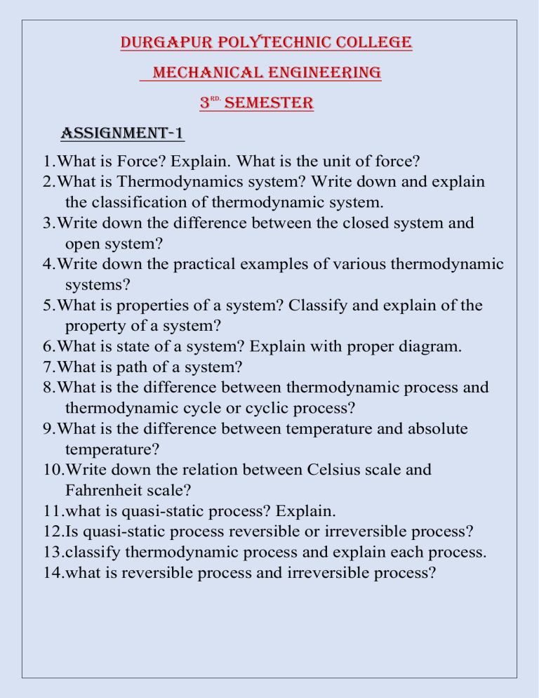 Thermodynamics Assignment for Mechanical Engineering Students