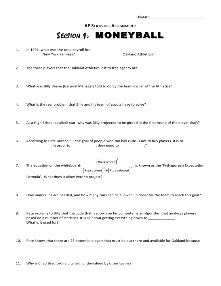 Moneyball Movie AP Statistics Assignment