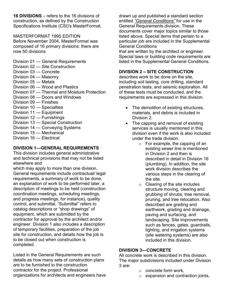 Construction Specifications: MasterFormat Divisions